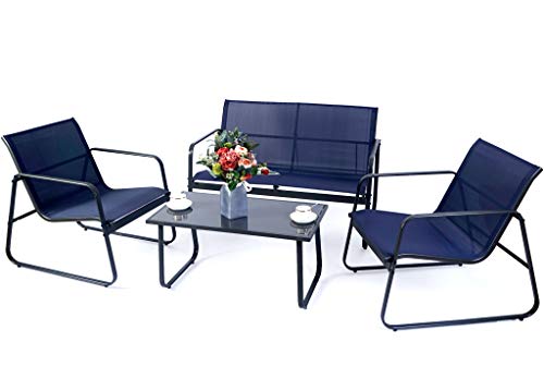 Kozyard Sofia 4 Pieces Patio/Outdoor Conversation Set with Strong Powder Coated Metal Frame, Breathable Textilence, Includes One Love Seat, Two Chairs and One Table (Navy Blue)