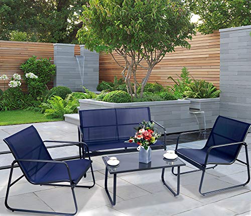 Kozyard Sofia 4 Pieces Patio/Outdoor Conversation Set with Strong Powder Coated Metal Frame, Breathable Textilence, Includes One Love Seat, Two Chairs and One Table (Navy Blue)