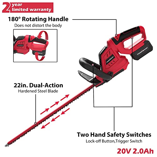 PowerSmart Hedge Trimmer Cordless, 20V Max Battery Operated Hedge Clippers Cordless with 22-Inch Blade, 180° Rotating Handle Battery Powered Shrub Trimmer, Lithium-Ion Battery and Charger Included