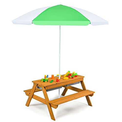 HONEY JOY Kids Picnic Table, 4 in 1 Cedar Wooden Sand & Water Table w/ 2 Removable Box & Umbrella, Kids Picnic Tables for Outdoors Backyard Garden, Toddler Patio Furniture Set for Boys Girls(Natural)