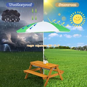 HONEY JOY Kids Picnic Table, 4 in 1 Cedar Wooden Sand & Water Table w/ 2 Removable Box & Umbrella, Kids Picnic Tables for Outdoors Backyard Garden, Toddler Patio Furniture Set for Boys Girls(Natural)