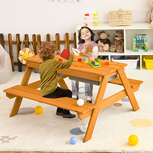 HONEY JOY Kids Picnic Table, 4 in 1 Cedar Wooden Sand & Water Table w/ 2 Removable Box & Umbrella, Kids Picnic Tables for Outdoors Backyard Garden, Toddler Patio Furniture Set for Boys Girls(Natural)