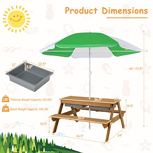 HONEY JOY Kids Picnic Table, 4 in 1 Cedar Wooden Sand & Water Table w/ 2 Removable Box & Umbrella, Kids Picnic Tables for Outdoors Backyard Garden, Toddler Patio Furniture Set for Boys Girls(Natural)