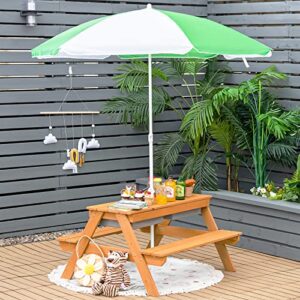 HONEY JOY Kids Picnic Table, 4 in 1 Cedar Wooden Sand & Water Table w/ 2 Removable Box & Umbrella, Kids Picnic Tables for Outdoors Backyard Garden, Toddler Patio Furniture Set for Boys Girls(Natural)