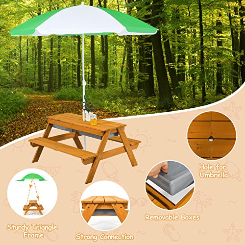 HONEY JOY Kids Picnic Table, 4 in 1 Cedar Wooden Sand & Water Table w/ 2 Removable Box & Umbrella, Kids Picnic Tables for Outdoors Backyard Garden, Toddler Patio Furniture Set for Boys Girls(Natural)