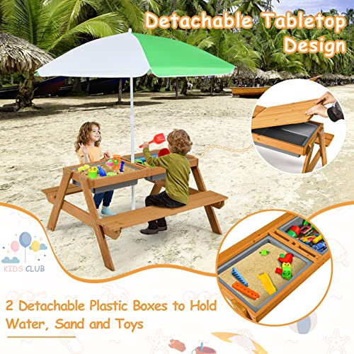 HONEY JOY Kids Picnic Table, 4 in 1 Cedar Wooden Sand & Water Table w/ 2 Removable Box & Umbrella, Kids Picnic Tables for Outdoors Backyard Garden, Toddler Patio Furniture Set for Boys Girls(Natural)