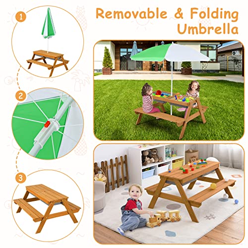 HONEY JOY Kids Picnic Table, 4 in 1 Cedar Wooden Sand & Water Table w/ 2 Removable Box & Umbrella, Kids Picnic Tables for Outdoors Backyard Garden, Toddler Patio Furniture Set for Boys Girls(Natural)