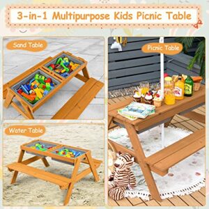 HONEY JOY Kids Picnic Table, 4 in 1 Cedar Wooden Sand & Water Table w/ 2 Removable Box & Umbrella, Kids Picnic Tables for Outdoors Backyard Garden, Toddler Patio Furniture Set for Boys Girls(Natural)