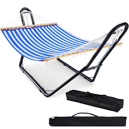 Poolside Hammock with Stand, 2 Person Indoor Outdoor Backyard Beach Patio Hammock, Waterproof UV Resistance, 2 Bags Included. (Blue & White)