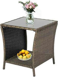 kintness wicker rattan side table outdoor end table patio courtyard coffee bistro glass table with storage