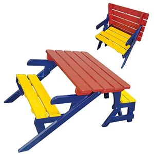 antoy 2-in-1 kid’s wooden picnic tablebench transforming interchangeable for outdoor,garden, backyard, porch, patio bedroom, living-room, game room,outdoor (blue+yellow+red)