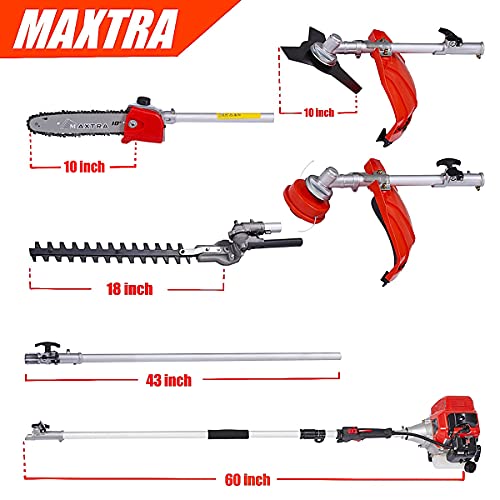 MAXTRA 5-in-1 Gas Pole Saw, 42.7cc 2-Cycle Reach 16ft Cordless String Trimmer with Weed Wacker/Hedge Trimmer/Brush Cutter Multi Functional Trimming Tools