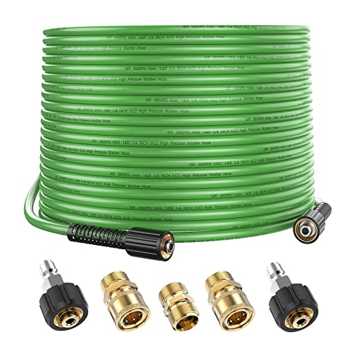 HNYRI Pressure Washer Hose 50 FT x 1/4", Kink Resistant Replacement Power Wash Hose, 3600PSI Universal Flexible Extension Hose with M22 14mm to 3/8" Quick Connect Couplers, Pressure Washer Attachment