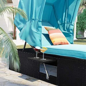 Merax Blue Outdoor Wicker Lounge Chaise with Cushions,Canopy and Cup Table Singe Pool Loungers Chairs Black, 1 Set