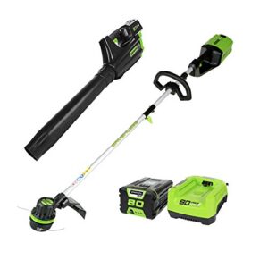 greenworks pro 80v cordless brushless string trimmer + leaf blower combo, 2ah battery and charger included stba80l210