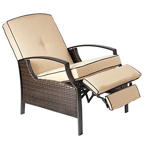 Westerly Tan All Weather Resin Wicker Patio Adjustable Recliner Chair, Powder-Coated Rust-Resistant Steel Frame