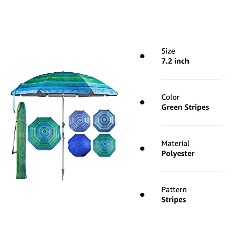 Ridota 7.2' Beach Umbrella with Sand Anchor, Outdoor Portable Beach Umbrella for Sand with Tilt Pole, Carry Bag, Air Vent, Green Stripes