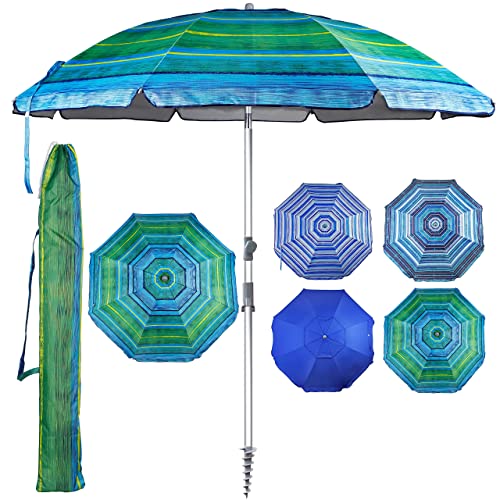 Ridota 7.2' Beach Umbrella with Sand Anchor, Outdoor Portable Beach Umbrella for Sand with Tilt Pole, Carry Bag, Air Vent, Green Stripes