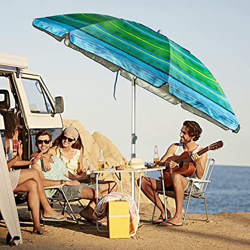 Ridota 7.2' Beach Umbrella with Sand Anchor, Outdoor Portable Beach Umbrella for Sand with Tilt Pole, Carry Bag, Air Vent, Green Stripes