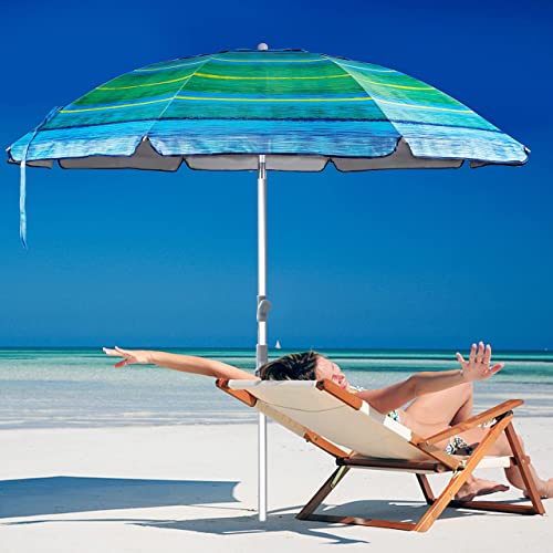 Ridota 7.2' Beach Umbrella with Sand Anchor, Outdoor Portable Beach Umbrella for Sand with Tilt Pole, Carry Bag, Air Vent, Green Stripes