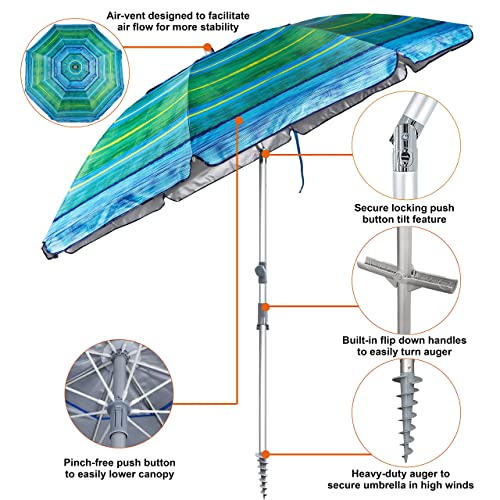 Ridota 7.2' Beach Umbrella with Sand Anchor, Outdoor Portable Beach Umbrella for Sand with Tilt Pole, Carry Bag, Air Vent, Green Stripes