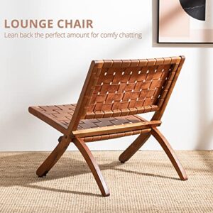 LUE BONA Folding Woven Leather Accent Chairs Set of 2, Cognac Leather Woven and Brown Wood, Midcentury Modern Lounge Chair, Scandinavian Rattan Low Chair for Living Room, Bedroom, Patio, Balcony