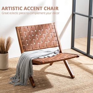 LUE BONA Folding Woven Leather Accent Chairs Set of 2, Cognac Leather Woven and Brown Wood, Midcentury Modern Lounge Chair, Scandinavian Rattan Low Chair for Living Room, Bedroom, Patio, Balcony