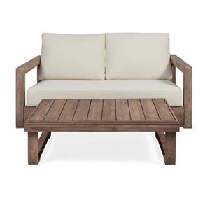 christopher knight home randy outdoor acacia wood loveseat set with coffee table, brown and beige