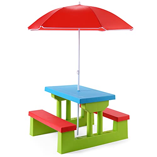 KOTEK Kids Picnic Table Set w/Removable Umbrella, Outdoor Party Table and Bench for Tea Time & Study, Brightly Colored Toddler Activity Table for Home, Kindergarten & Nursery (Red)