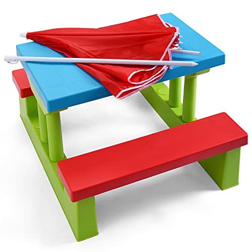 KOTEK Kids Picnic Table Set w/Removable Umbrella, Outdoor Party Table and Bench for Tea Time & Study, Brightly Colored Toddler Activity Table for Home, Kindergarten & Nursery (Red)