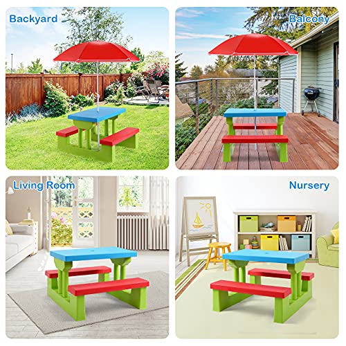 KOTEK Kids Picnic Table Set w/Removable Umbrella, Outdoor Party Table and Bench for Tea Time & Study, Brightly Colored Toddler Activity Table for Home, Kindergarten & Nursery (Red)