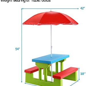 KOTEK Kids Picnic Table Set w/Removable Umbrella, Outdoor Party Table and Bench for Tea Time & Study, Brightly Colored Toddler Activity Table for Home, Kindergarten & Nursery (Red)