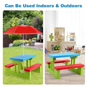 KOTEK Kids Picnic Table Set w/Removable Umbrella, Outdoor Party Table and Bench for Tea Time & Study, Brightly Colored Toddler Activity Table for Home, Kindergarten & Nursery (Red)