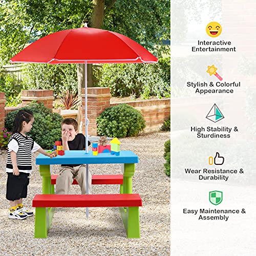 KOTEK Kids Picnic Table Set w/Removable Umbrella, Outdoor Party Table and Bench for Tea Time & Study, Brightly Colored Toddler Activity Table for Home, Kindergarten & Nursery (Red)