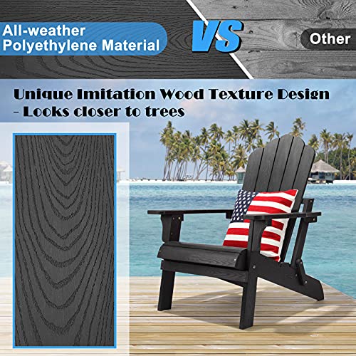 hOmeHua Folding Adirondack Chairs, Outdoor Plastic Weather Resistant Chair, Imitation Wood Stripes, Easy to Fold Move & Maintain, Patio Chair for Backyard Deck, Garden & Lawn Porch (Black)