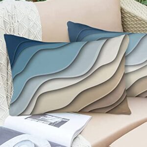 Outdoor Pillow Cover Geometric Blue Modern Waterproof Lumbar Throw Pillowcases Set of 2 Brown Abstract Decorative Patio Furniture Pillows for Couch Garden 20 x 12 Inches