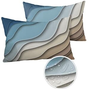 Outdoor Pillow Cover Geometric Blue Modern Waterproof Lumbar Throw Pillowcases Set of 2 Brown Abstract Decorative Patio Furniture Pillows for Couch Garden 20 x 12 Inches