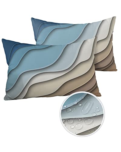 Outdoor Pillow Cover Geometric Blue Modern Waterproof Lumbar Throw Pillowcases Set of 2 Brown Abstract Decorative Patio Furniture Pillows for Couch Garden 20 x 12 Inches