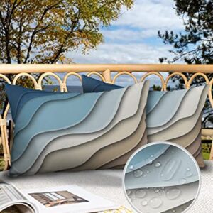 Outdoor Pillow Cover Geometric Blue Modern Waterproof Lumbar Throw Pillowcases Set of 2 Brown Abstract Decorative Patio Furniture Pillows for Couch Garden 20 x 12 Inches