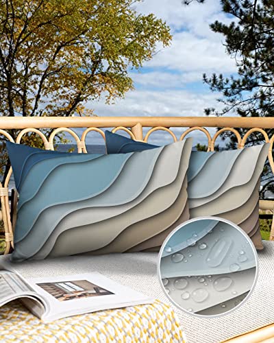 Outdoor Pillow Cover Geometric Blue Modern Waterproof Lumbar Throw Pillowcases Set of 2 Brown Abstract Decorative Patio Furniture Pillows for Couch Garden 20 x 12 Inches