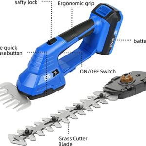 Cordless Grass Shears & Shrub Hedge Trimmer, 2 in 1 Electric Handhled Hedge Clippers 20V Grass Cutter Trimmer with Rechargeable Lithium-Ion Battery and Charger, Plastic Cover Included