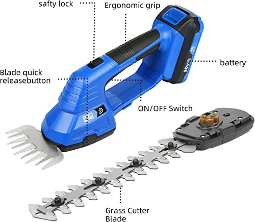 Cordless Grass Shears & Shrub Hedge Trimmer, 2 in 1 Electric Handhled Hedge Clippers 20V Grass Cutter Trimmer with Rechargeable Lithium-Ion Battery and Charger, Plastic Cover Included