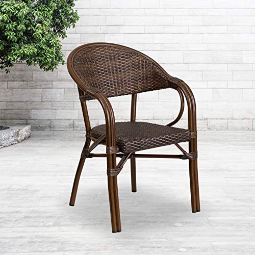 EMMA + OLIVER Cocoa Rattan Patio Chair with Bamboo-Aluminum Frame