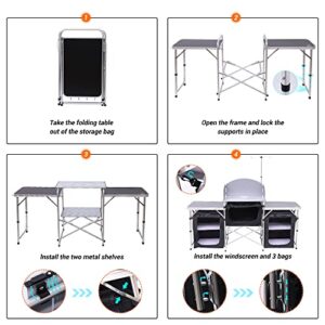 Nice C Camping Kitchen Table, Folding Table, Upgrade Light Stand and Windshield Cooking Station & 3 Organizers, Carry Bag for Outdoor, Beach, BBQ, Picnic, Cooking, Indoor, Office(Silver)