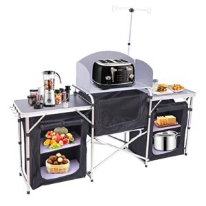 Nice C Camping Kitchen Table, Folding Table, Upgrade Light Stand and Windshield Cooking Station & 3 Organizers, Carry Bag for Outdoor, Beach, BBQ, Picnic, Cooking, Indoor, Office(Silver)