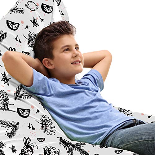 Ambesonne Cartoon Lounger Chair Bag, Hand Drawn Like Simple Design of Floral Shapes and Citrus Fruits, High Capacity Storage with Handle Container, Lounger Size, White Charcoal Grey and Blush