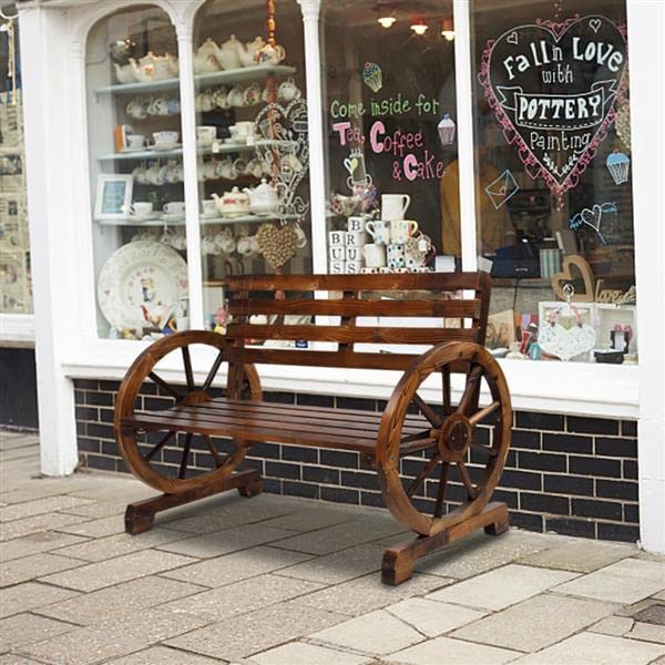 Flulep Rustic 2-Person Wooden Wagon Wheel Bench with Slatted Seat and Backrest, Brown