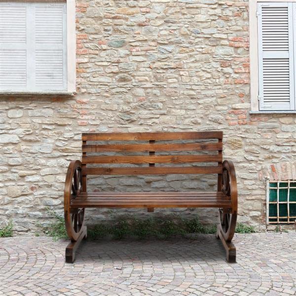 Flulep Rustic 2-Person Wooden Wagon Wheel Bench with Slatted Seat and Backrest, Brown