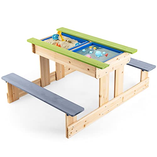 Costzon Kids Picnic Table, 3 in 1 Multipurpose Sand & Water Table w/Removable Top & 2 Storage Boxes, Wooden Construction, Bench Set for Indoor & Outdoor, Patio, Yard, Activity Play Table (Natural)