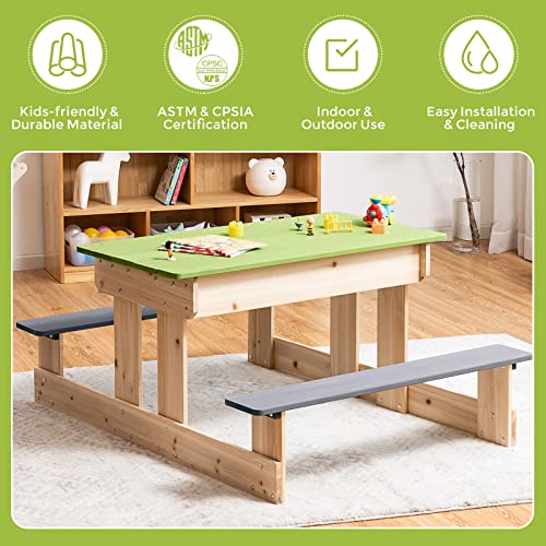 Costzon Kids Picnic Table, 3 in 1 Multipurpose Sand & Water Table w/Removable Top & 2 Storage Boxes, Wooden Construction, Bench Set for Indoor & Outdoor, Patio, Yard, Activity Play Table (Natural)